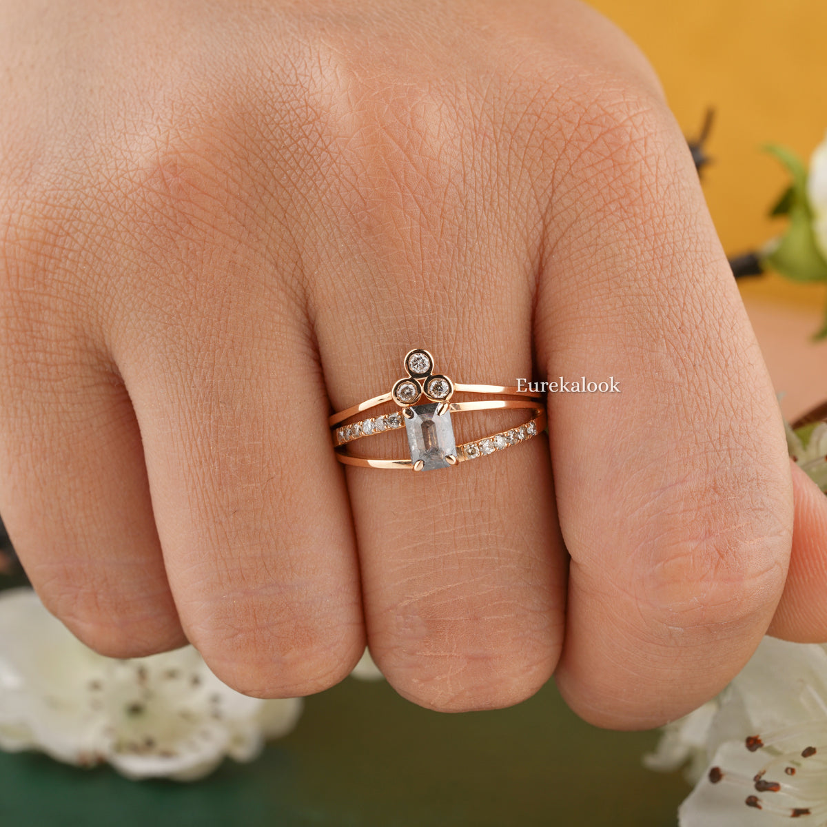 Emerald Cut Salt and Pepper Diamond Bridal Ring Set – Eurekalook